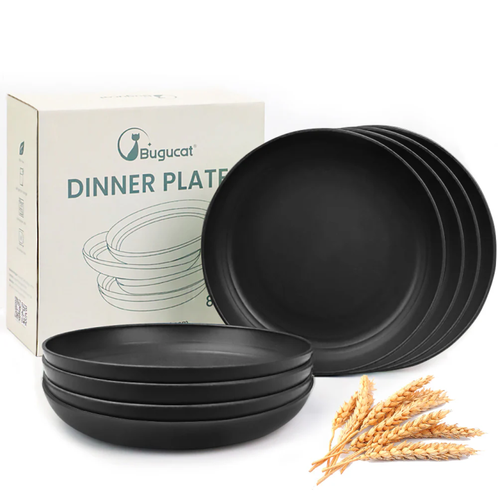 LUCKYMORE 23cm Wheat Straw Dinner Black Plate Reusable & Microwavable ...