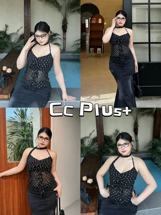 cici plus+ (1263) Set2ชิ้นสายเดี่ยวผ้าซีทรูดีเทลแต่งโบว์ด้านหน้า พร้อมโช๊คเกอร์คล้องคอ สไตล์สาว ...