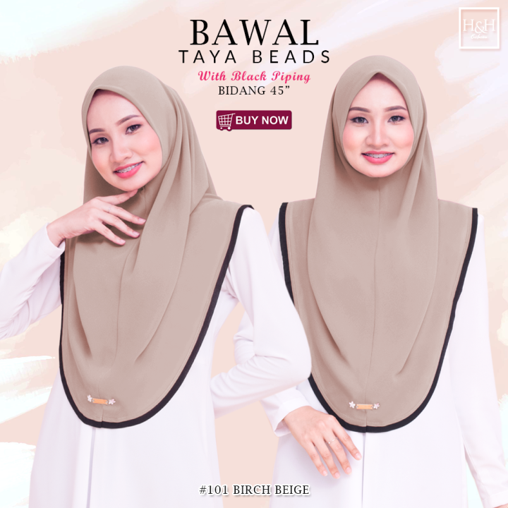 Hijab Instant Bawal Taya Beads with Black Piping Bidang 45" By Monal ...