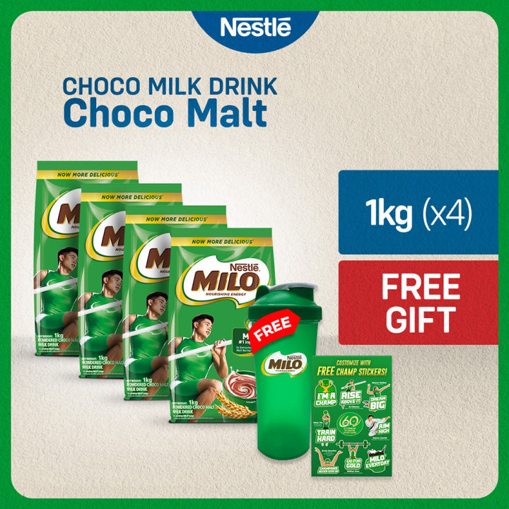 Milo Powdered Choco Malt Milk Drink 1kg - Pack of 4 with FREE Milo ...