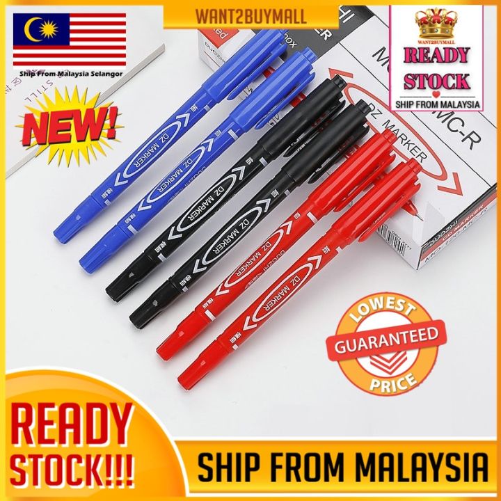🇲🇾 Double Head Permanent Marker Pen (Fast Dry) Red Blue Black Mark On ...