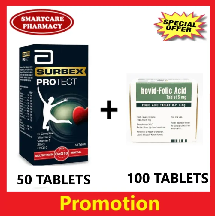 (FERTILITY COMBO)Hovid Folic Acid (100 Tablets) + Surbex Protect (50's ...