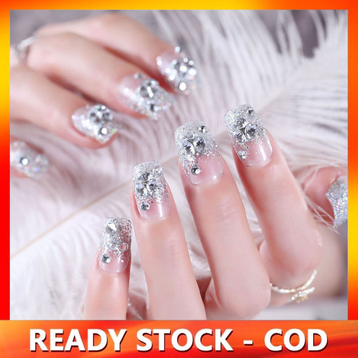 24pcs Fake Nails with Glue Set Silver Glitter Diamond Bridal Photo ...