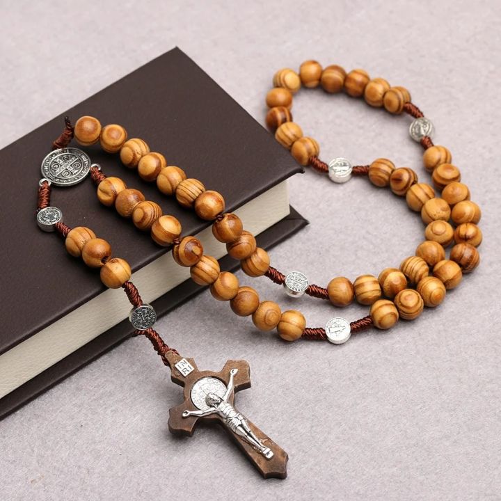 Catholic Wood Beaded Rosary Necklaces For Women Christian INRI Crucifix ...