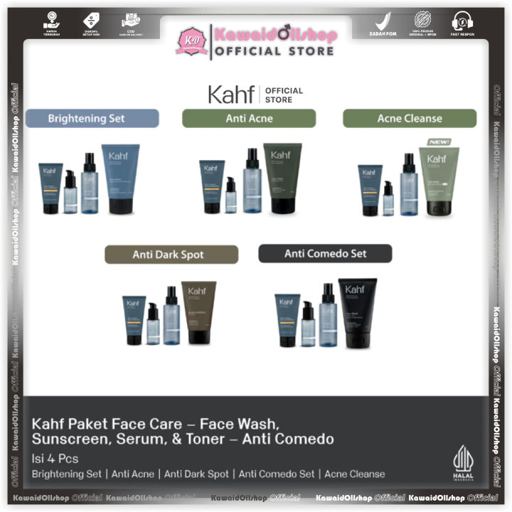 Kahf Paket Face Care Isi 4pcs - Face Wash, Sunscreen, Serum, & Toner ...
