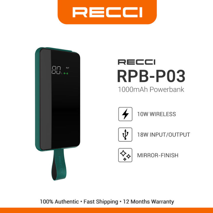 Recci RPB-P03 Wireless Phone Charging Powerbank Qualcomm Quick Charge 3.0 10000mAh Battery LED ...