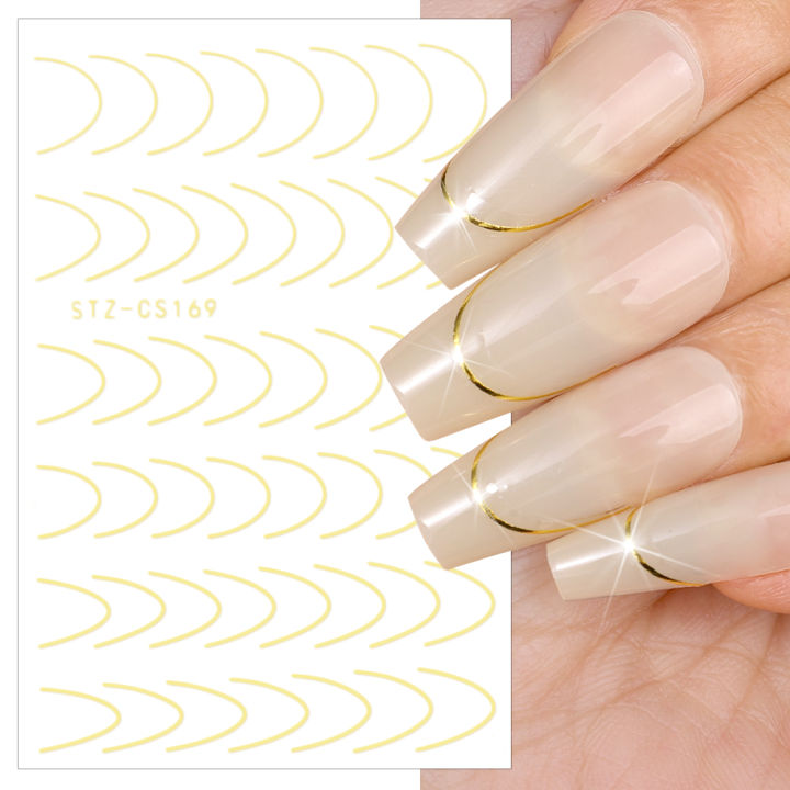 3D French Tips Nail Art Stickers Gold Rose Sliver Curve Stripe Lines ...