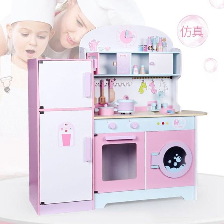 BYJ Wooden Japanese Pink Kitchen with Ref Pretend Play Set Cooking ...