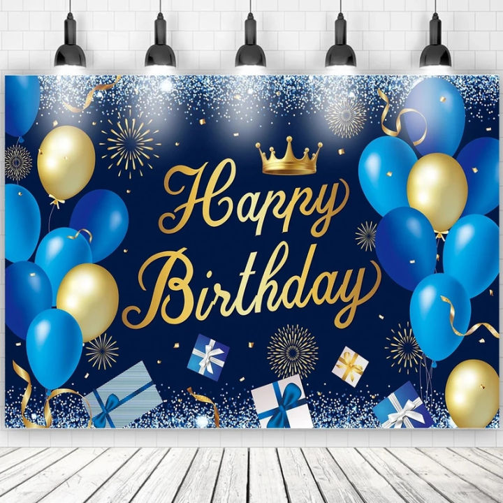 Blue Gold Happy Birthday Backdrop Banner Balloon Star Poster Booth Backdrop Birthday photozone ...