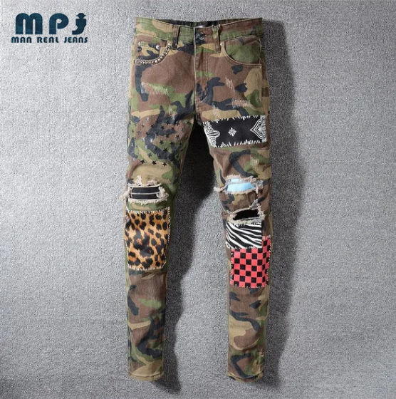 MPJ Patchwork Patch Jeans camouflage Pants Tattered Jeans Refurbish ...