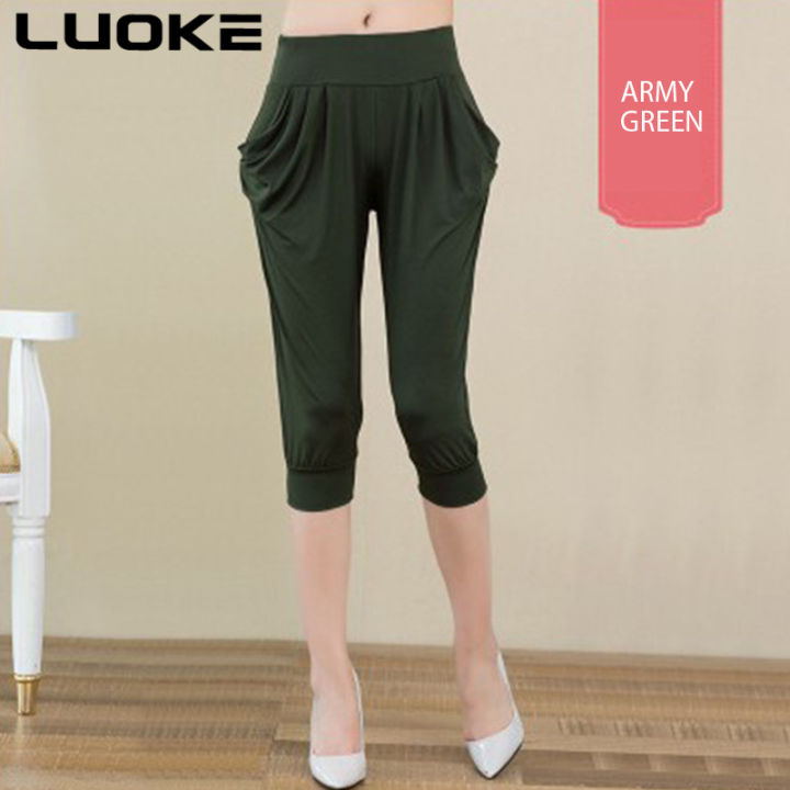 LUOKE ฤดูร้อนตัดกางเกงฮาเร็มของผู้หญิงยืดหยุ่นและบางตัดผ้าไหมนมขนาดบวก ...