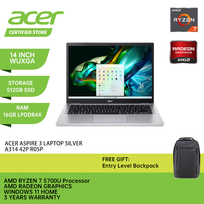 Acer Aspire 3 A314 42P R05P Laptop - Silver (Ryzen 7 5700U| 16GB| 512GB ...