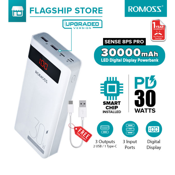 Romoss 30000mAh LED Digital Display Powerbank PD/QC3.0 FCP SCP 30W 22 ...
