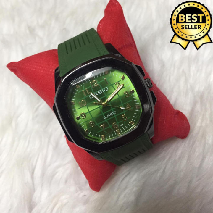 Casi0 Univ Analog Quartz Numerical Square KC All Green FKM Rubber Strap ...