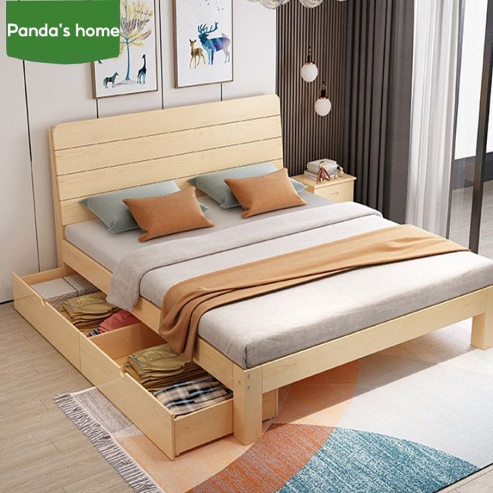 Solid Wood Bed Frame With Drawers Double Wooden Bed Frame | Lazada PH
