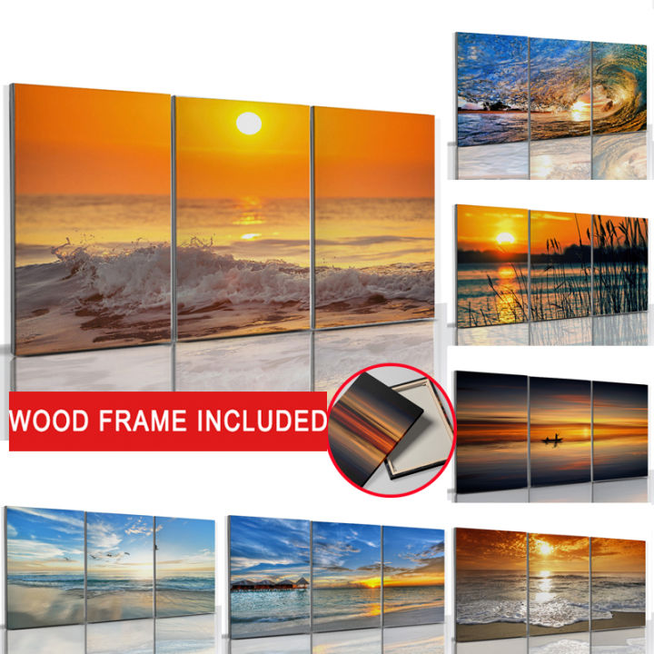 （With Frame）3PCS Seaside Scenery Poster Sunset Sunrise Canvas Painting ...
