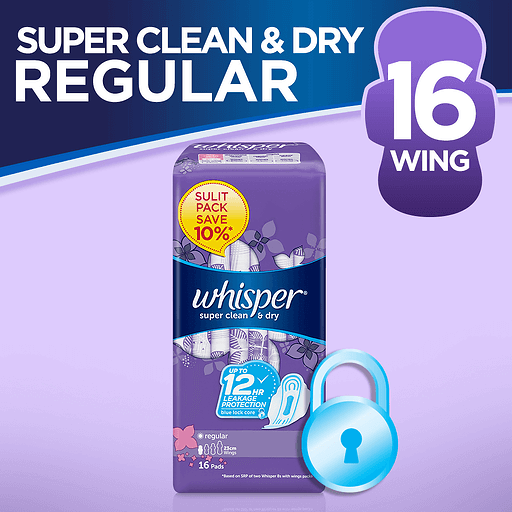 16's Whisper Super Clean & Dry Regular Flow (23cm) With Wings Sanitary ...