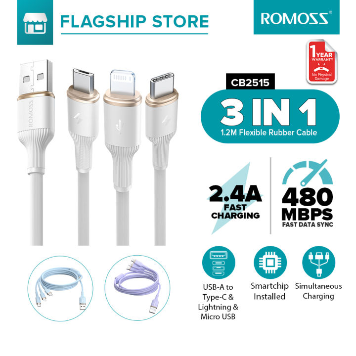 Romoss CB2515 1.2M 3 in 1 USB Cable Single Cord 2.4A Max Fast Charging ...