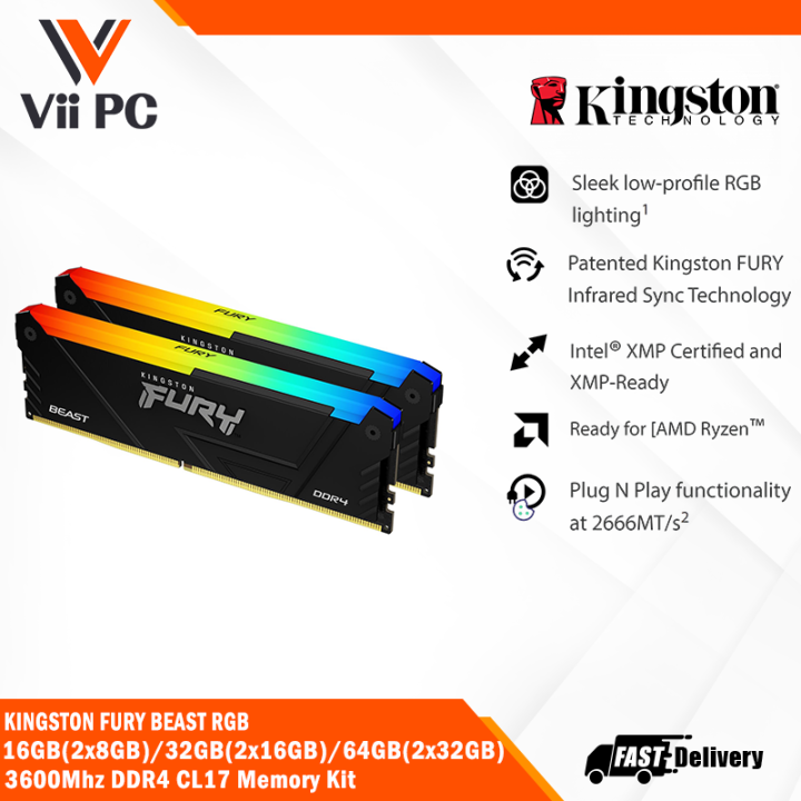 Kingston Fury Beast RGB 16GB(2x8GB)/32GB(2x16GB)/64GB(2x32GB) Kit 3600Mhz DDR4 CL17/CL18 UDIMM ...