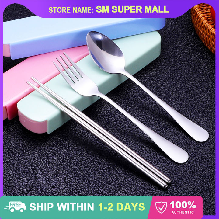 【304 Stainless Steel】3-in-1 Cutlery Set with Box Portable Chopsticks ...
