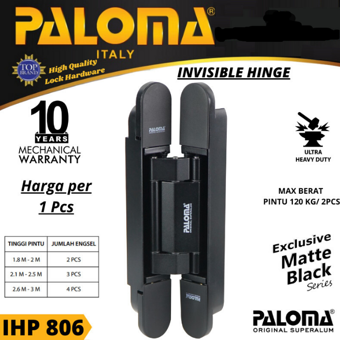 PALOMA IHP 806 INVISIBLE HINGE ENGSEL TANAM P120 HITAM MATTE BLACK ...