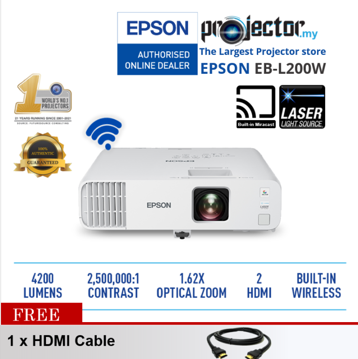 Epson EB-L200W 3LCD 4200 Lumens WXGA Business Laser Series Wireless Projector, Office, Laser ...
