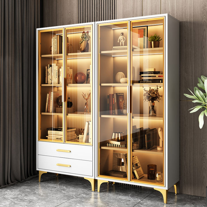 Luxury glass door bookcase floor-to-wall solid wood combination display ...