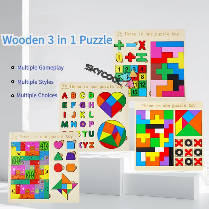 3-in-1 Wooden Block Puzzle Tetris Puzzle Toy Tangram Math Alphabet ...