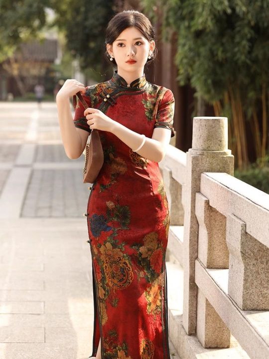 NCE Chinese style retro printed buckle short sleeved long cheongsam for ...