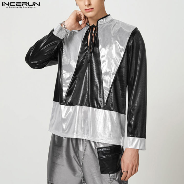 INCERUN เสื้อคอเสื้อเชิ้ตลำลองสีฮิตแขนยาวสำหรับผู้ชายแมนดาริน (สไตล์ ...