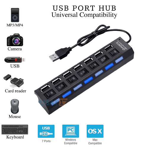 USB HUB Sambungan Kabel Charger Port 7 Usb Led ON/OFF High Speed 7in1 ...