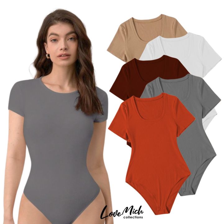 Women Bodysuit Rib Knit Shortsleeve Top One piece with Snap Button Plus ...