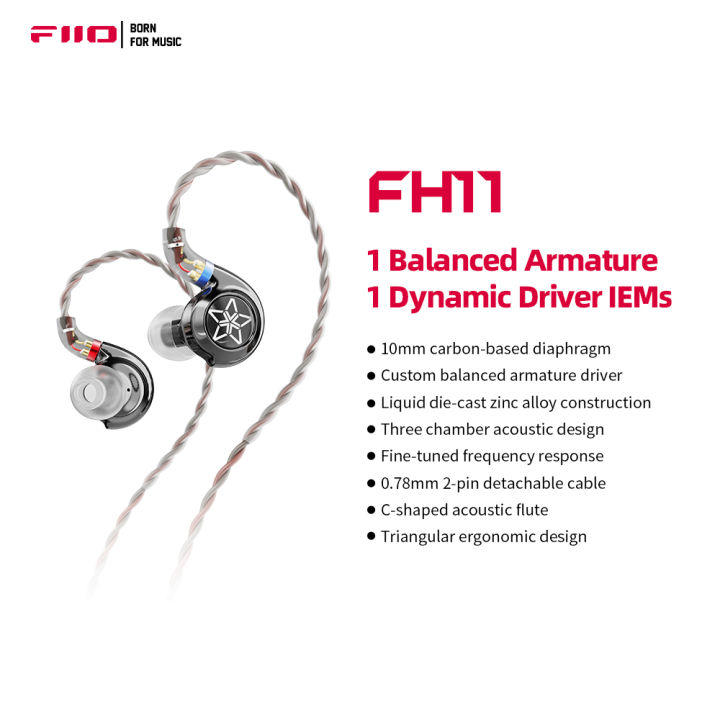 FiiO FH11 HiFi 1DD+1BA Hybrid Driver In-ear Earphone Hifi Stereo Wired Earbuds with Detachable 0 ...