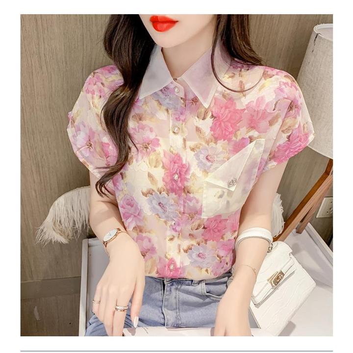 ️cuties_W328 ️เสื้อเชิ้ตแขนสั้น ผ้าชีฟอง เสื้อแฟชั่นผู้หญิง พิมพ์ลาย ...