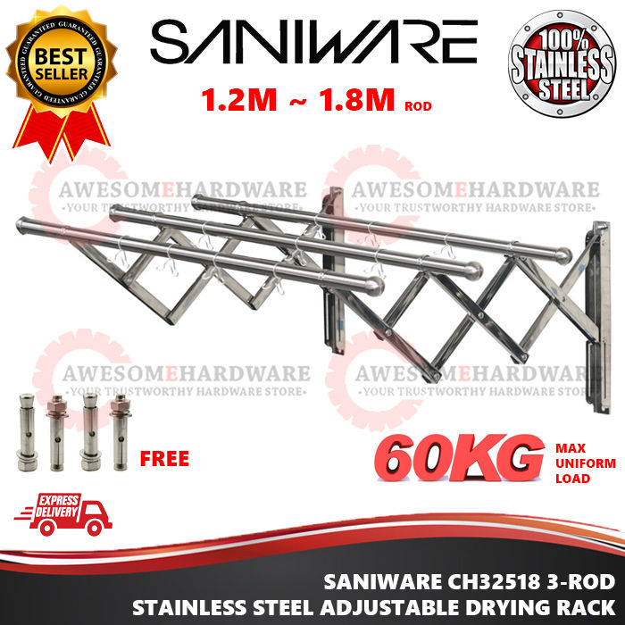 (3 ROD/4 ROD) SANIWARE STAINLESS STEEL CLOTH HANGER RETRACTABLE CLOTH ...