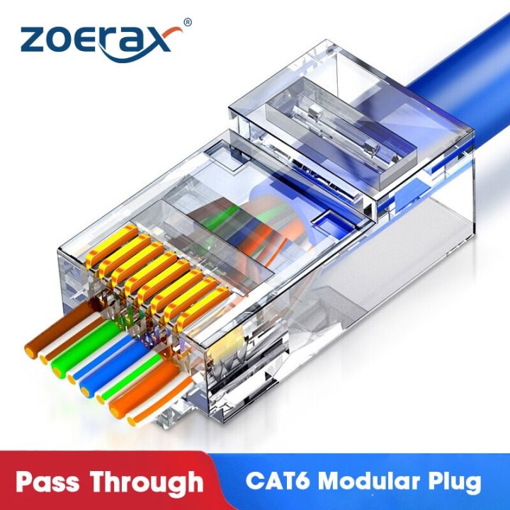 ZoeRax Cat6 50/100PCS CAT5e Pass Through RJ45 Modular Plug Network Connectors UTP 15μ Gold ...