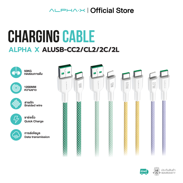 (ประกัน 16 เดือน) สายชาร์จเร็ว ALPHA-X ALUSB-CC2/CL2/2C/2L fast charge ...