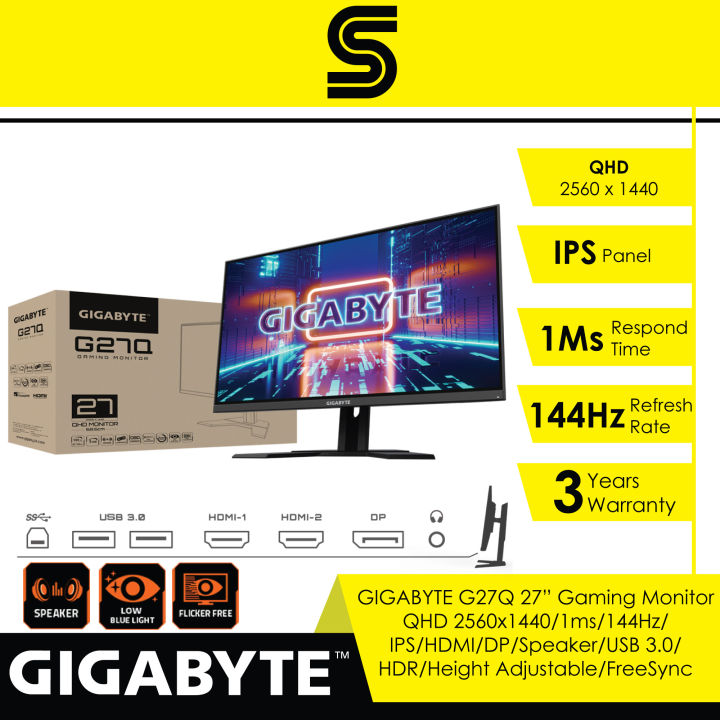 GIGABYTE G27Q 27” Gaming Monitor - QHD 2560x1440/1Ms/IPS/144Hz/HDMI/DP ...
