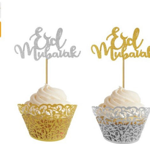 Ramadan Eid Mubarak Cake Topper Hari Raya Silver Gold Paper Kek Topper ...