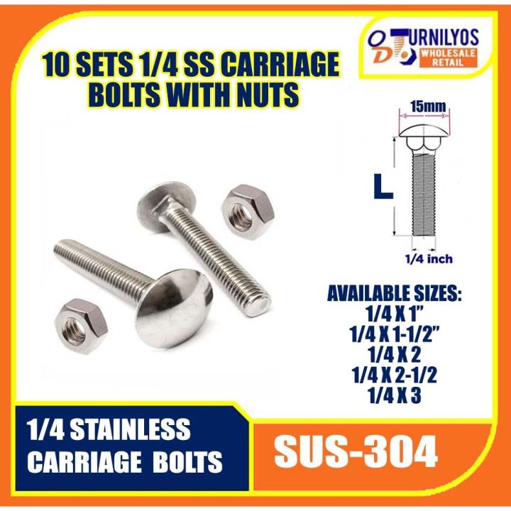 10 SETS 1/4 DIA STAINLESS CARRIAGE BOLTS WITH NUTS SUS-304 PITCH 20 ...