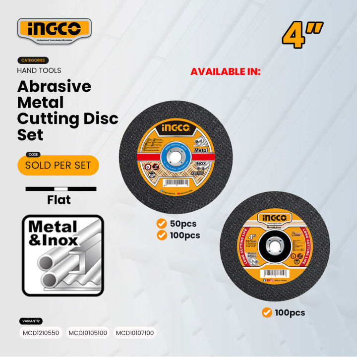 Ingco 50pcs / 100pcs 4" Abrasive Metal Cutting Disc Set Flat Centre ...