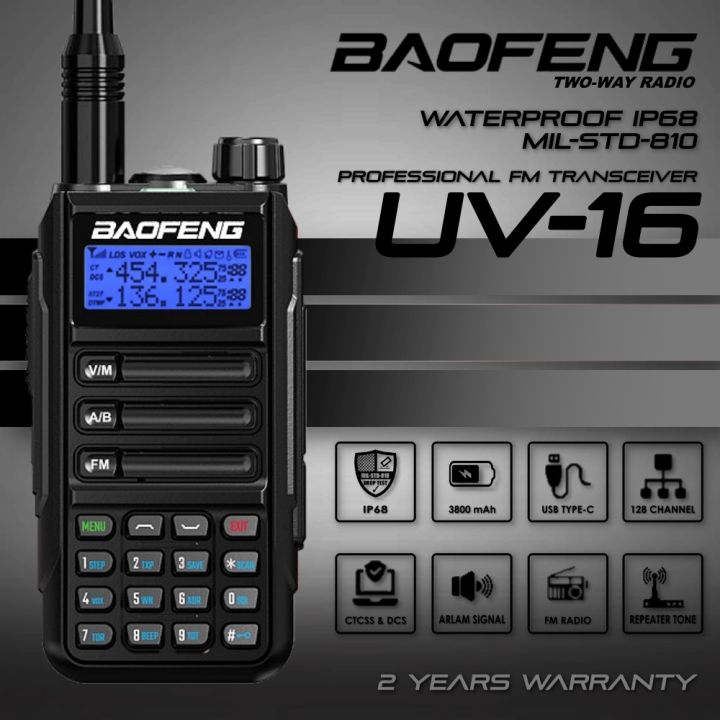 New UV-16 Baofeng UV16 Waterproof 8W Black Walkie Talkie | Lazada