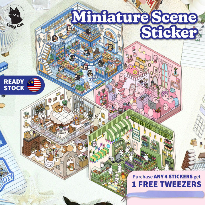 3D Miniature Scenes Sticker DIY Cute Cartoon Journal Korean Style ...