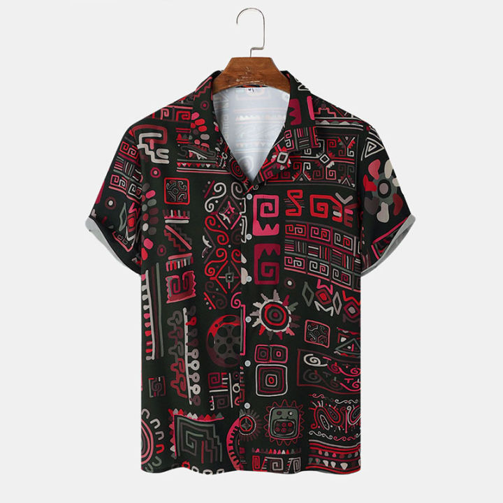 Perfectly ChArmkpR Mens Tribal Geometry Print Camp Collar Black Short ...