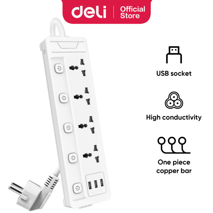 Deli 2 Meters/4 Power Socket + 3 USB MultiFunction Socket Plug Universal Socket Power Strip Each ...