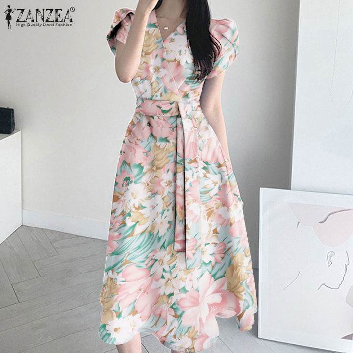 Zanzea Korean Style Womens Floral Printed Midi Dress Elegant Collect