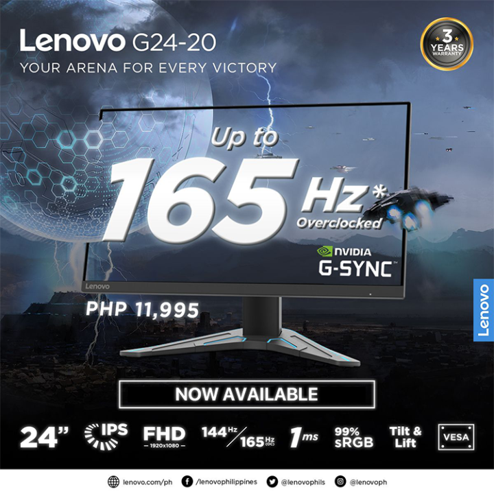 Lenovo G24-20 24" Full-HD Gaming Monitor, IPS Screen, 165Hz, 1ms, Free ...