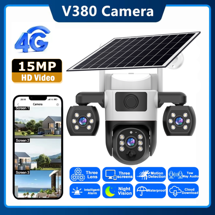 V380 15MP Solar Camera 4G SIM Outdoor Three Lens Three Screens PIR ...