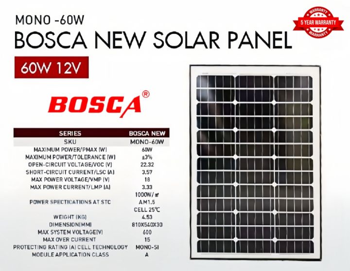 BOSCA 5 Year Warranty 60W Solar Panel Mono 60 Watt 12 Volt Pv Solar ...