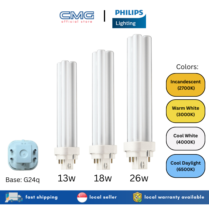 Philips Master PLC 4 Pin 13w/18w/26w 4P G24q -1/2/3 Base (Amber, Warm White, Cool White, Cool ...